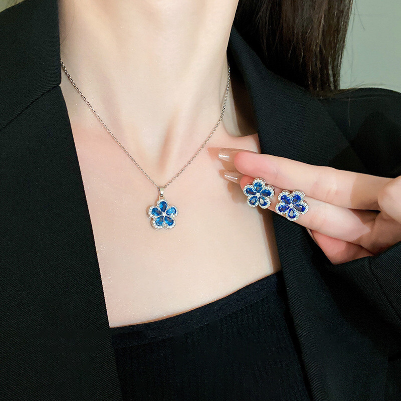 Exquisite Fashion Blue Crystal Zircon Flower Earring Necklace Luxury ...
