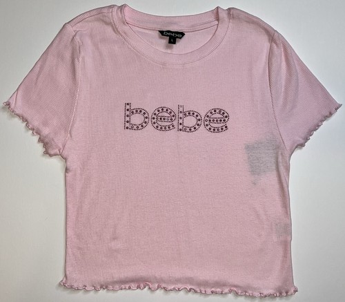 Bebe Baby Tee Shirt Top Women's Sz L Pink Rhinestone Logo Short Sl ...