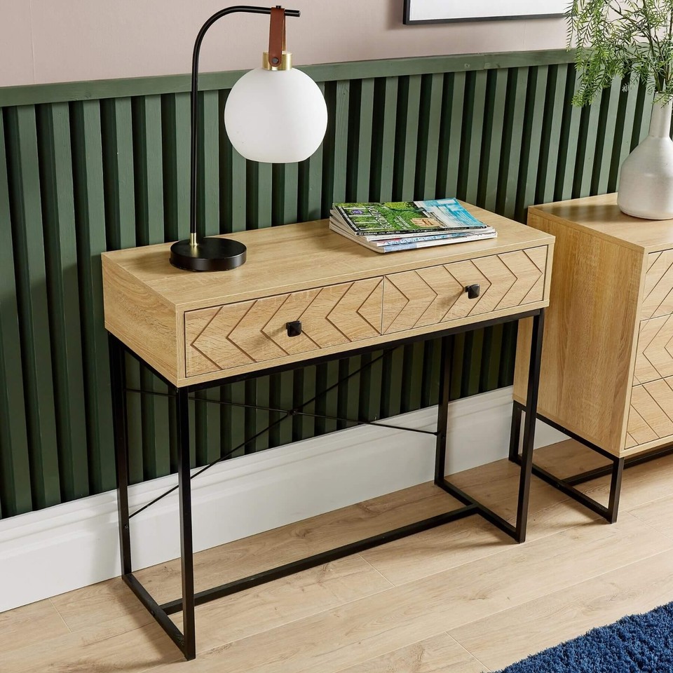 Console Table 2 Drawers Aztec Design Oak Effect Metal Legs Hallway ...