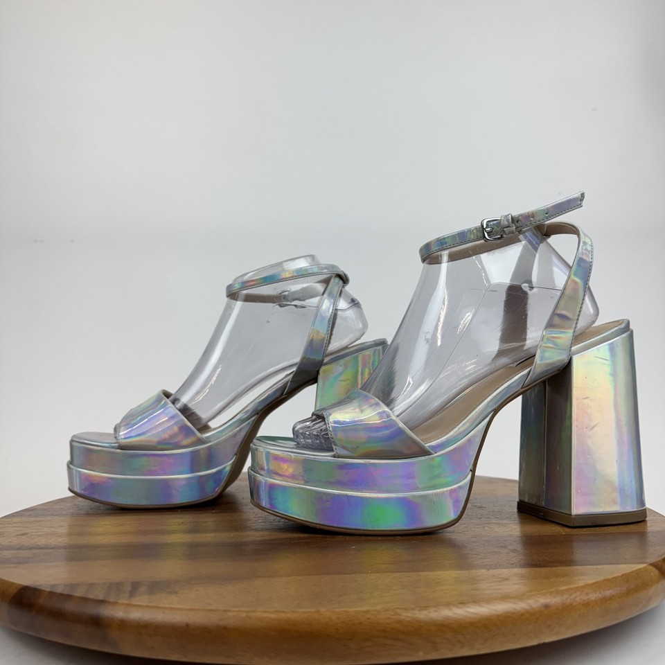 Womens Steve Madden Warped Silver Ankle Strap Platform Heeled Sandals ...