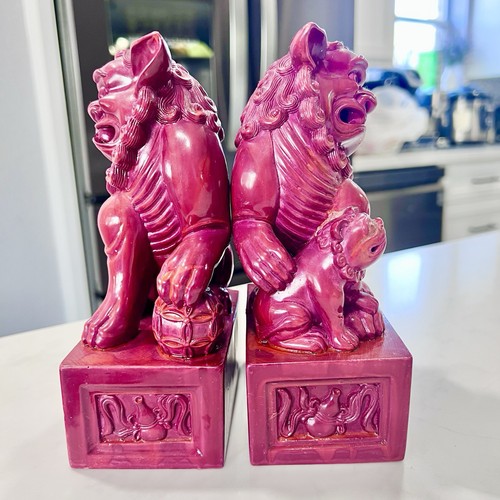 Set Of Vintage Asian Chinese Foo Dog Cinnabar Red Heavy 7” Resin Figure ...