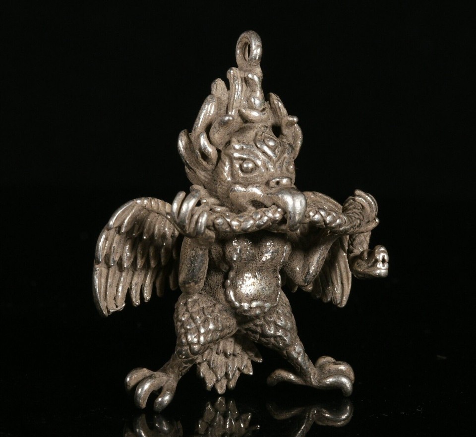 4CM Tibet Tibetan Silver Redpoll Winged Garuda Bird Eagle Buddha Amulet ...