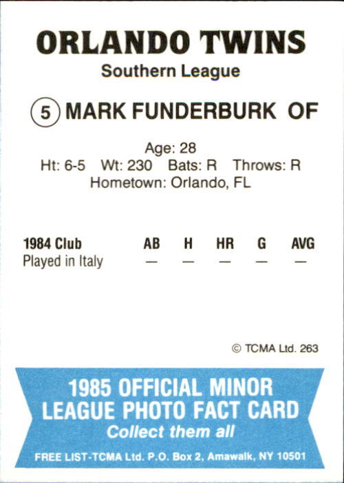 1985 Orlando Twins TCMA #5 Mark Funderburk Orlando Florida FL Baseball ...