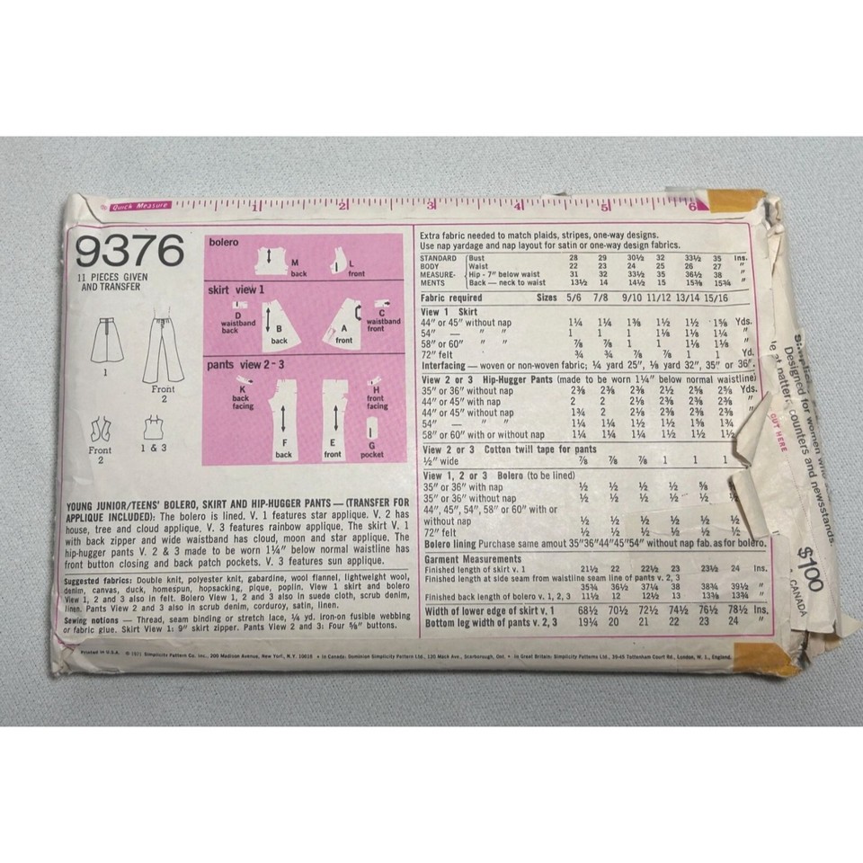 Simplicity Vintage Sewing Pattern 9376 - Jr/Teen Bolero/Skirt/Pants ...