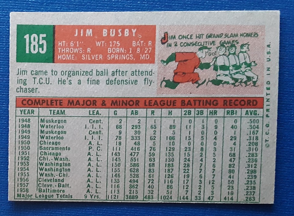 1959 Topps Baseball #185 Jim Busby - Boston Red Sox NM - OC | eBay