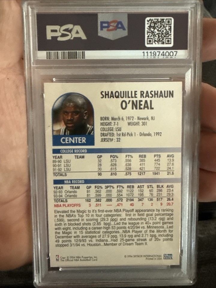 1995 Kenner/Hoops Starting Lineup Cards #NNO Shaquille O'Neal PSA 10 ...