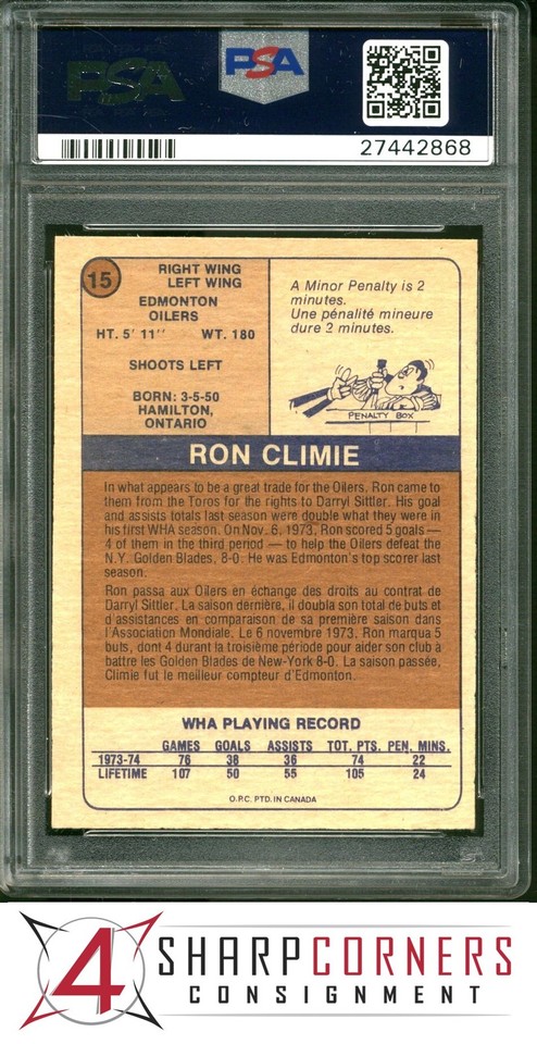 1974 O-PEE-CHEE WHA #15 RON CLIMIE OILERS PSA 9 SET BREAK | eBay