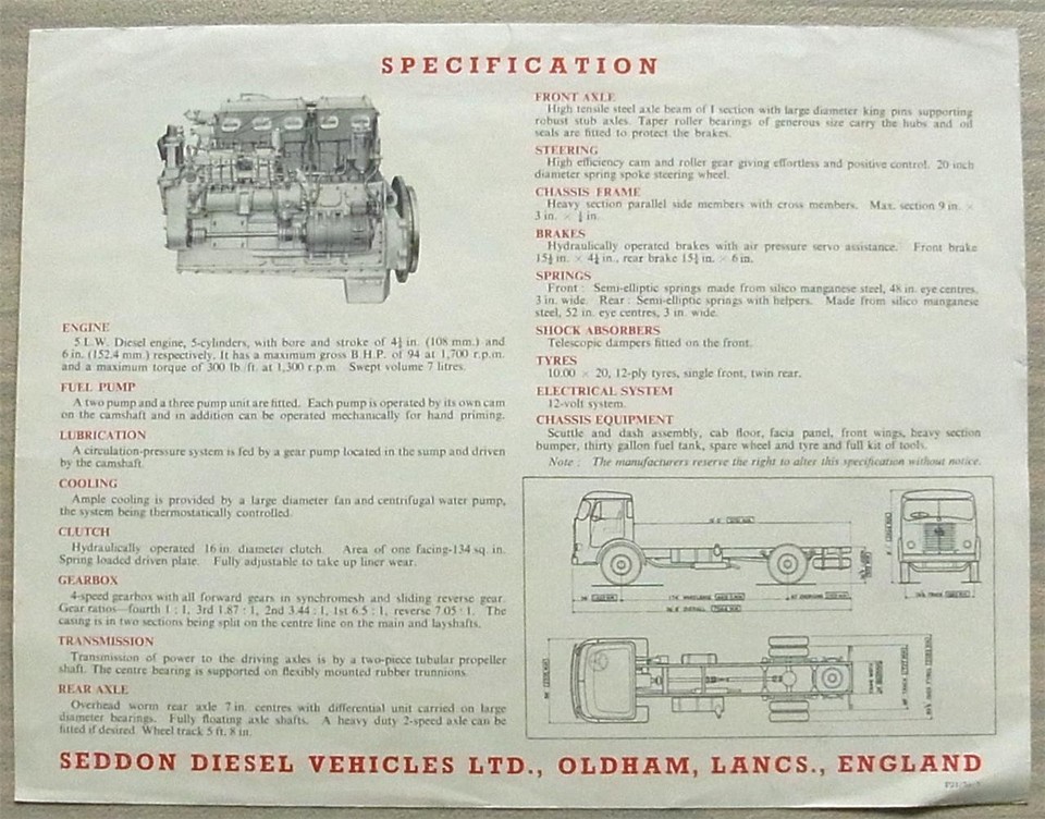 SEDDON FORWARD CONTROL MARK 12 Sales Specification Leaflet c1954 #P32 ...