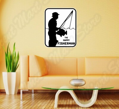 The Happy Fisherman Fishing Fish Funny Wall Sticker Room Interior Decor ...