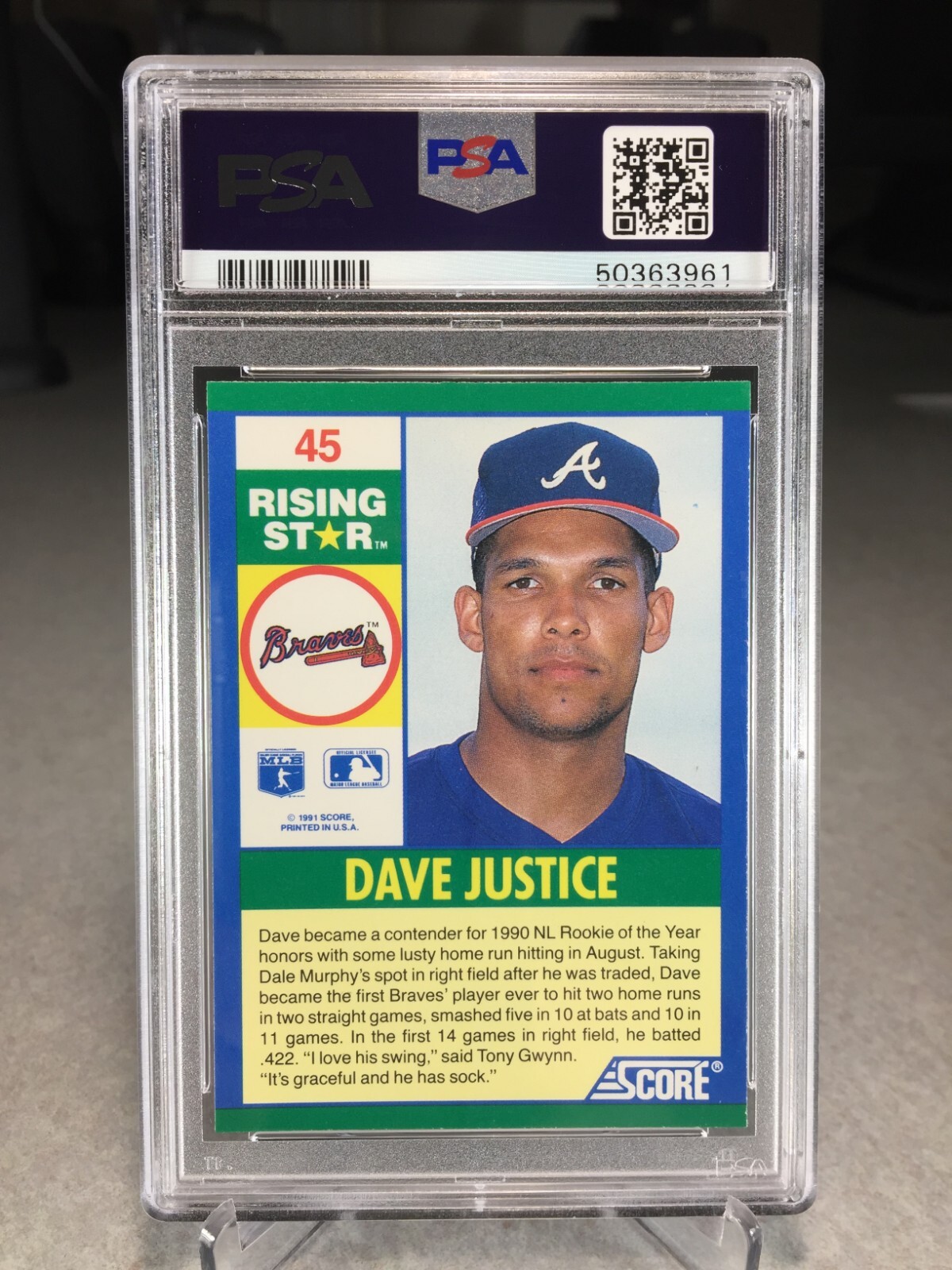 1991 Score Rising Stars Dave Justice #45 - PSA 9 - POP 2 (only 1 graded ...
