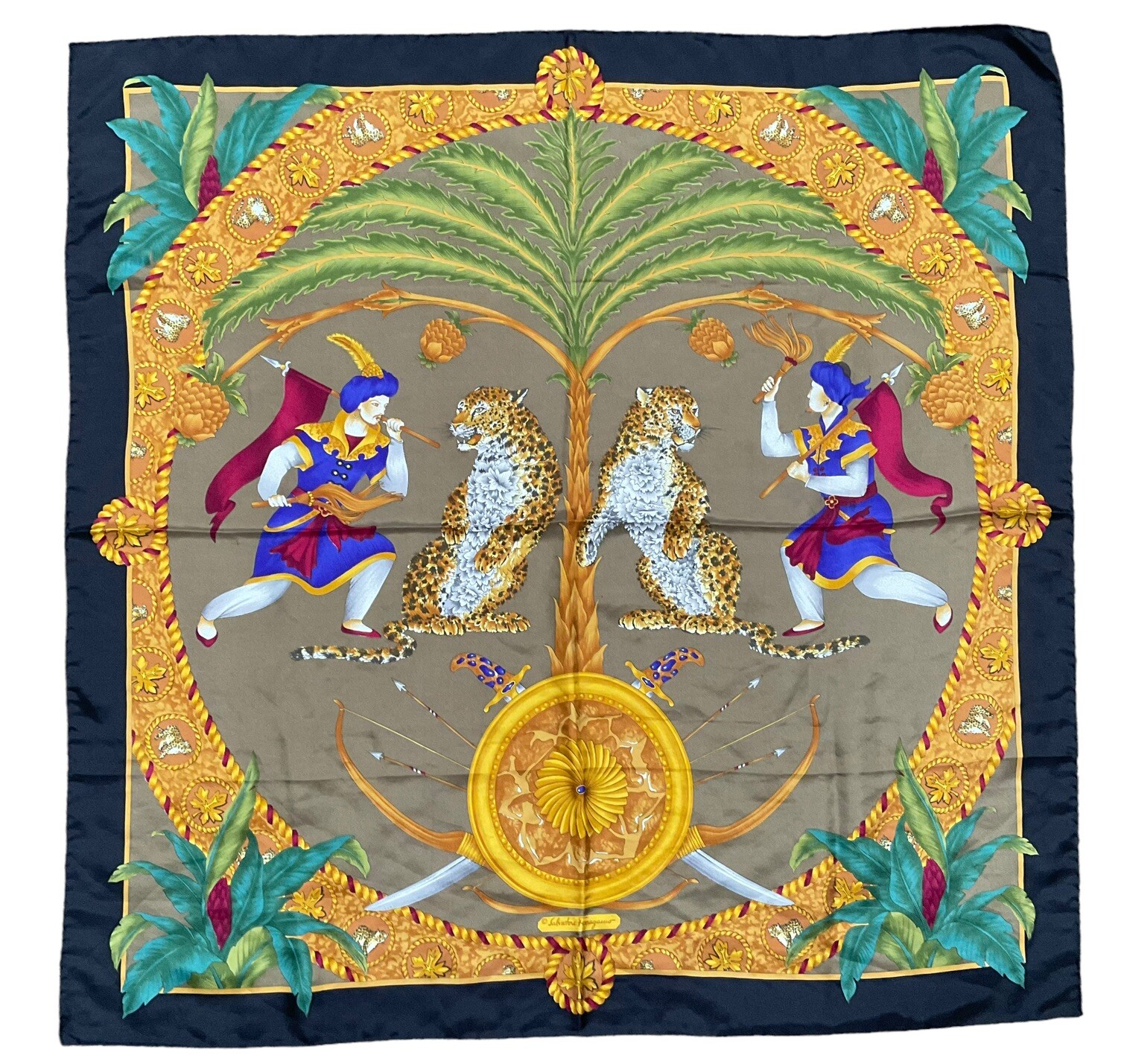 Salvatore Ferragamo Silk Scarf Leopard Swords Vintage Shawl Wrap Hand ...