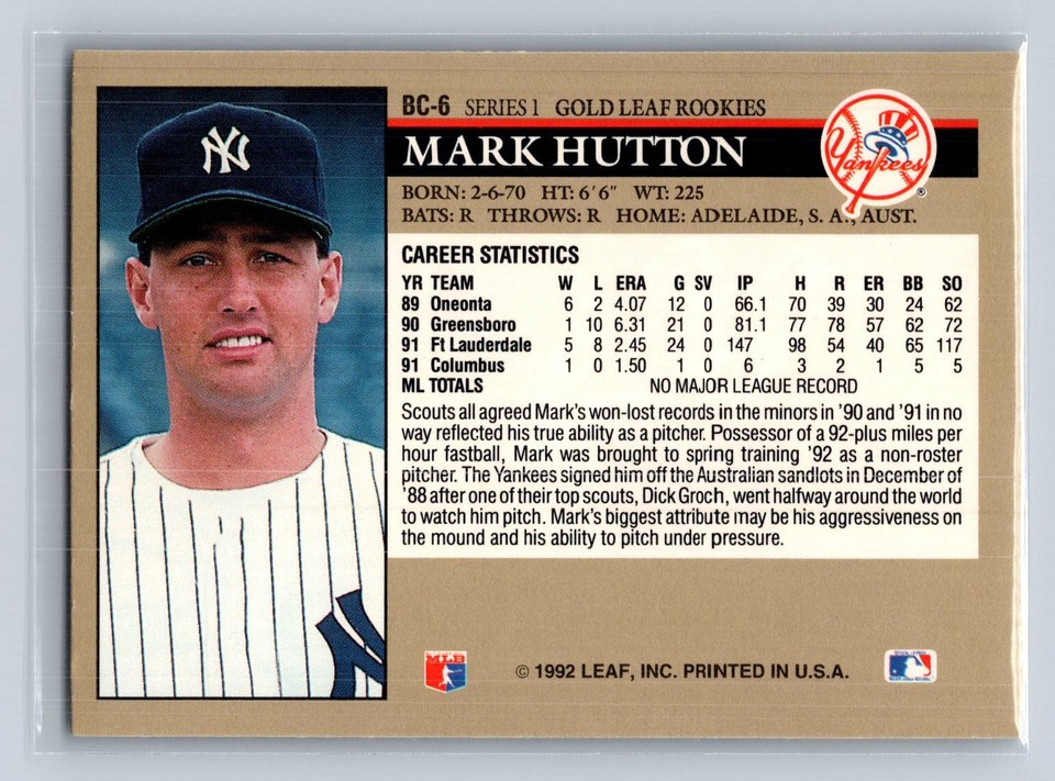 1992 Leaf Gold Rookies Mark Hutton #BC-6 New York Yankees | eBay