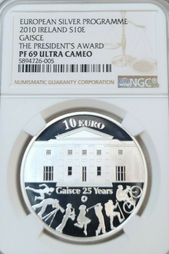 2010 IRELAND SILVER 10 EURO GAISCE THE PRESIDENTS AWARD NGC PF 69 ULTRA ...