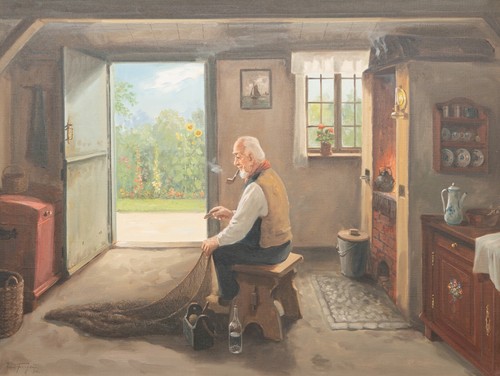 Ölgemälde: Interieur mit Blick in den Garten Hans Fenger. sn. (Gemälde ...