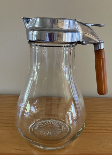 VTG Glass Syrup Dispenser Server Spring Loaded Metal Lid Amber Bakelite ...
