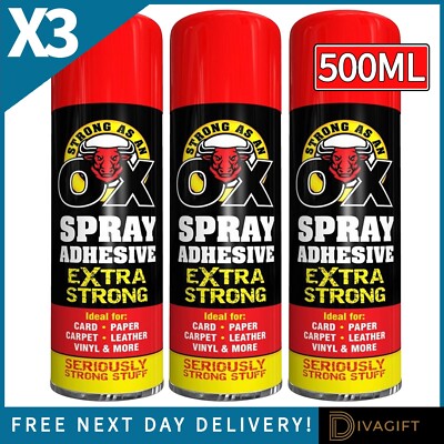 3 X 500ML HEAVY DUTY SPRAY ADHESIVE GLUE STRONG OX FOAM FOR CARPET TILE ...