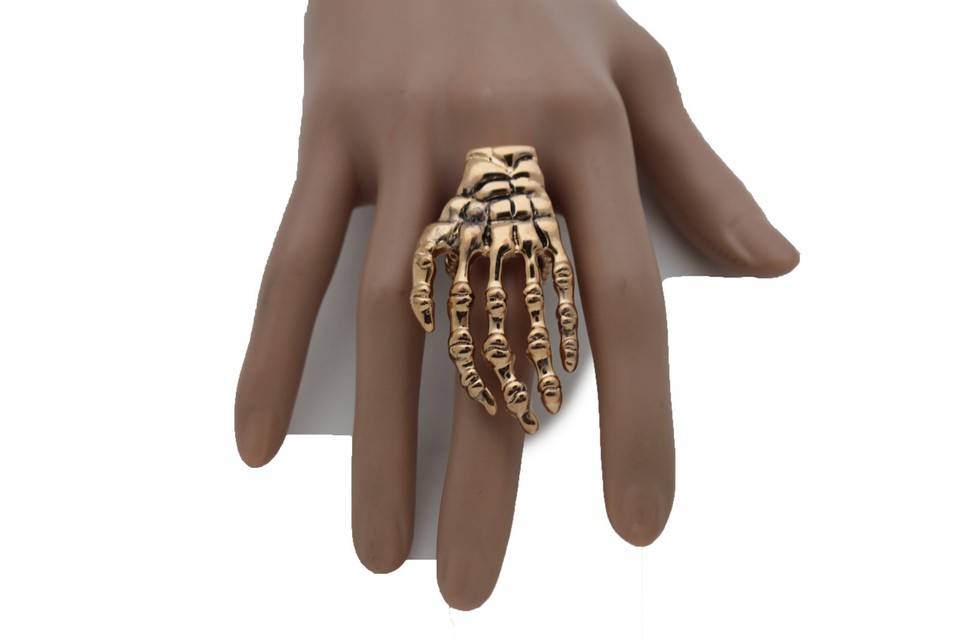 Women Gold Metal Ring Fashion Jewelry Skeleton Fingers Hand Skull Bones ...