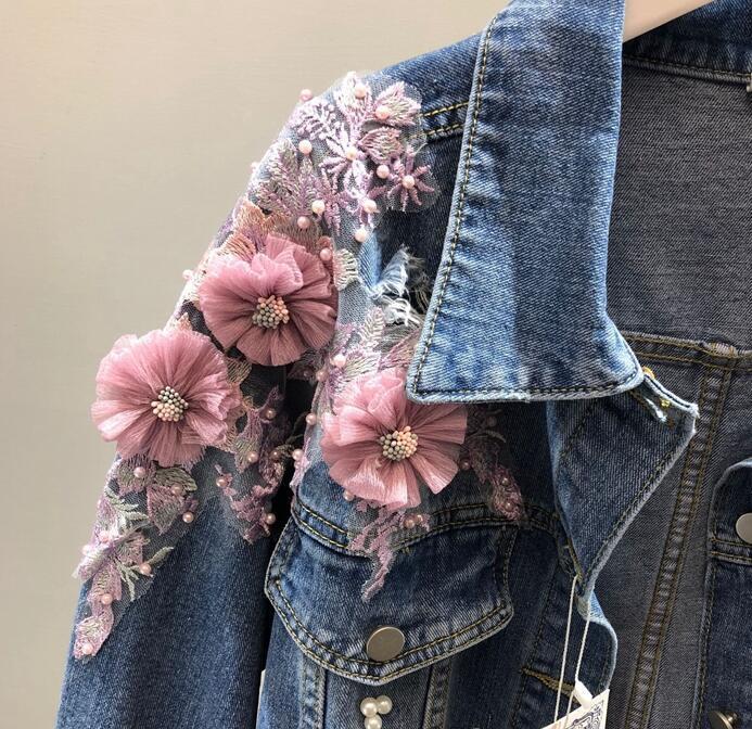 Flower Denim Jacket Women Pearl Jean Coat School Outdoor Tops Girl ...