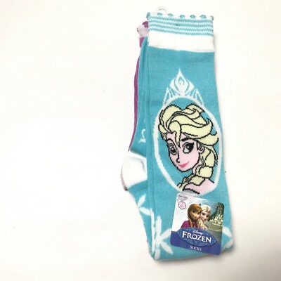 2 Pair DISNEY Frozen Elsa Anna Girls Knee High Casual Socks Pink Aqua L ...