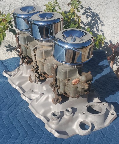 LOOK 50s 60s Hot Rod Edelbrock C 357 B Tripower 3x2 3 Carb Intake Setup ...