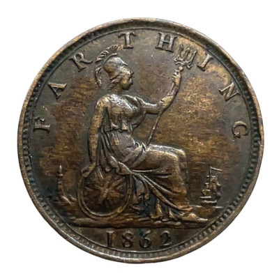 1862 Great Britain Victoria Bronze Farthing Small 8 AU/UNC. Coin KM ...