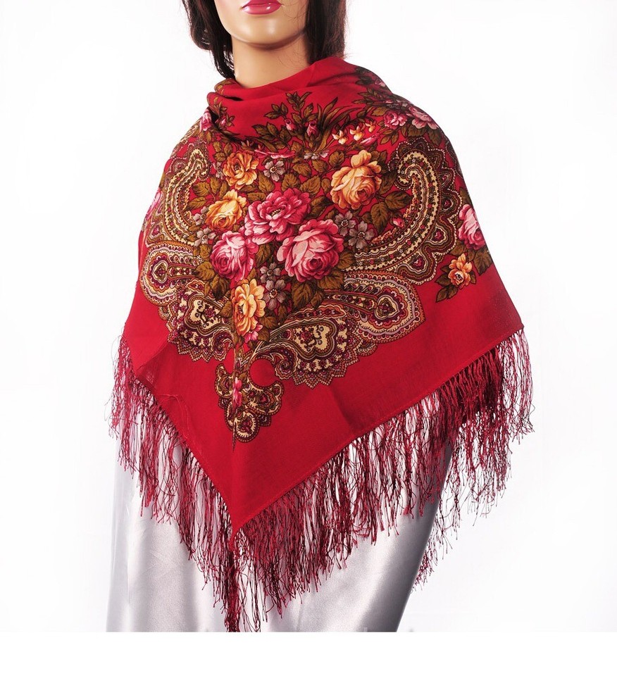 779-5 Pure Merino wool Red Folk wrap Pavlovo Posad Russian scarf shawl ...
