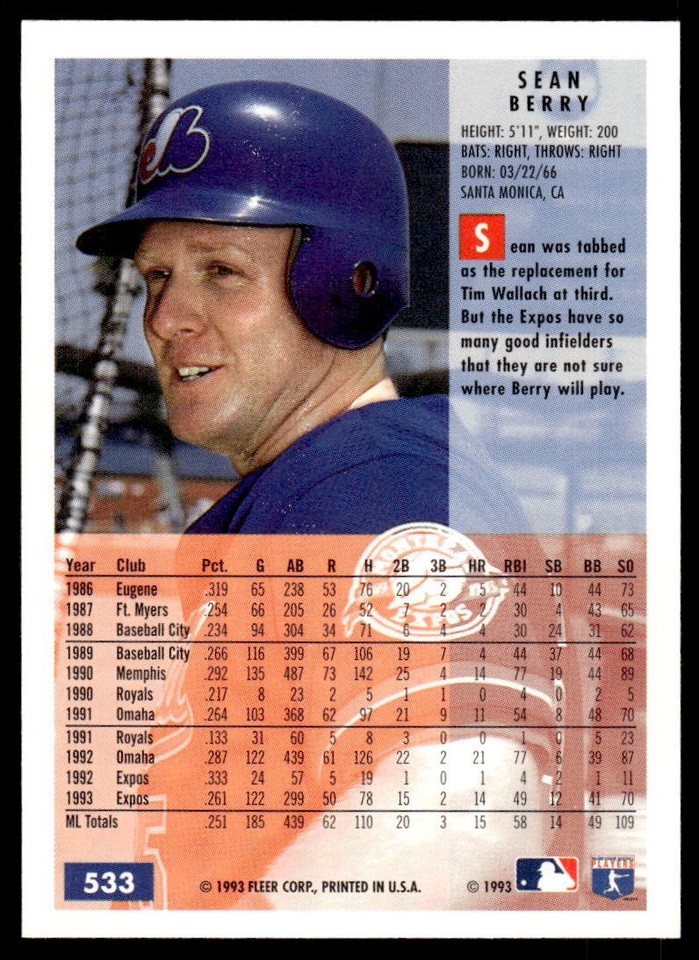 1994 Fleer 533 Sean Berry Montreal Expos Baseball Card | eBay