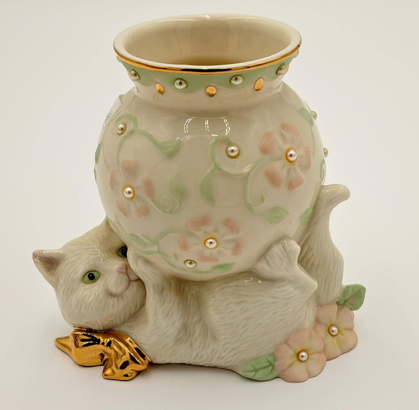 Lenox Cat Kitten Petals & Pearls Bud Vase Gold Trim Figurine Statue 4.5 ...