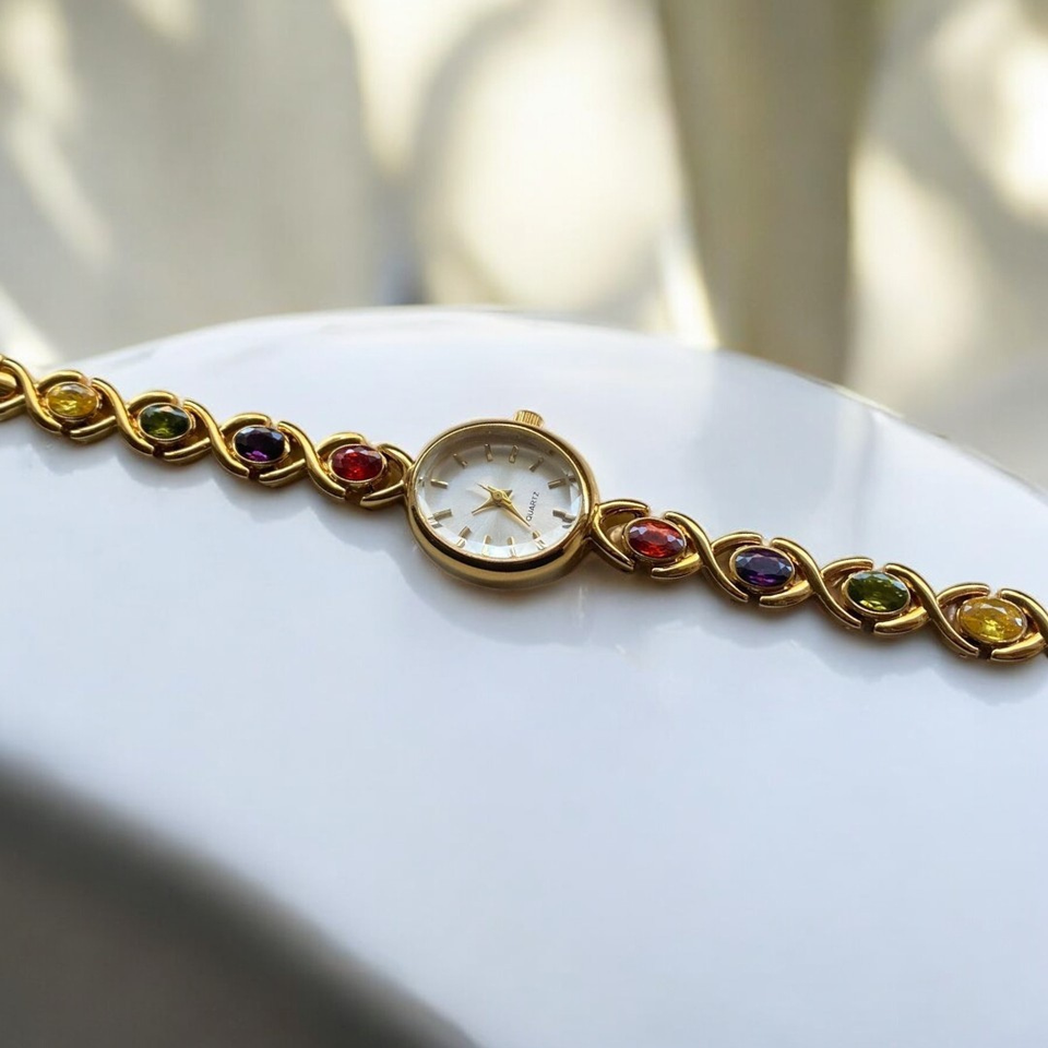 Women's Gemstone Watch Stainless Steel Watch Ladies Quartz Gold Watch ...