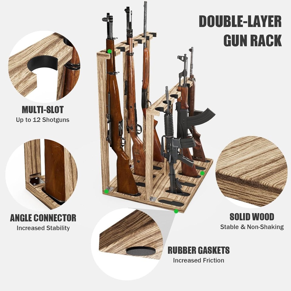 Indoor Wooden Gun Rack Shotgun Display Rifle Stand Organizer 12 Rifles ...