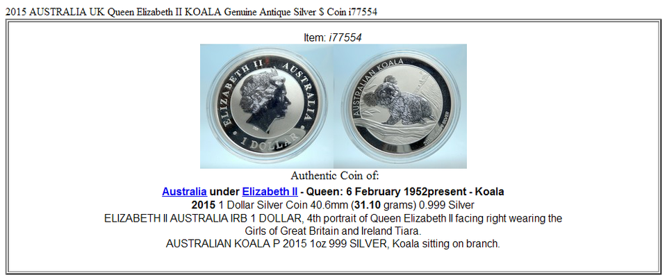 2015 AUSTRALIA UK Queen Elizabeth II KOALA Genuine Antique Silver ...