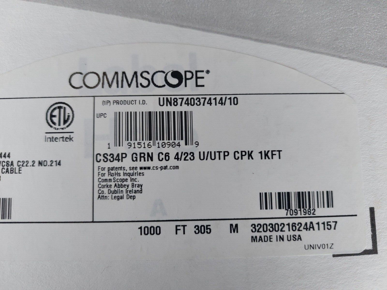 Commscope Uniprise Solutions Cat6 CMP GREEN Plenum 1000ft CS34P ...