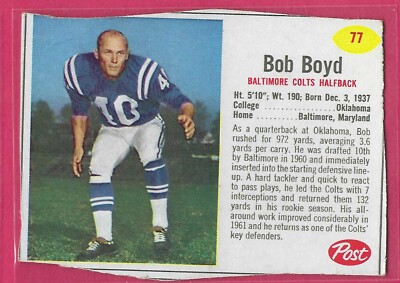 1962 Post Cereal Football BOB BOYD #77 Baltimore Colts | eBay