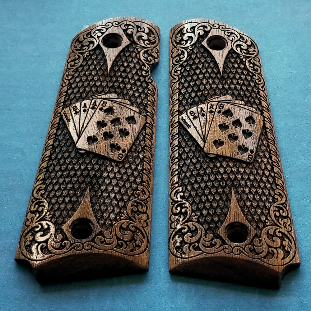 1911 custom 3D engraved walnut wood grips Scroll Dead Man Hand Cards ...