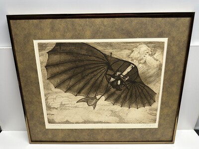 MICHAEL JACQUES ETCHING VINTAGE AVIATION FLIGHT LILIENTHAL RIDING THE ...