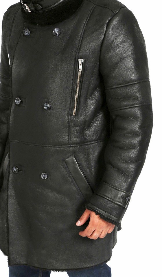 Mens Genuine Sheepskin Reefer Coat 3/4 Long Double Breasted Shearling ...