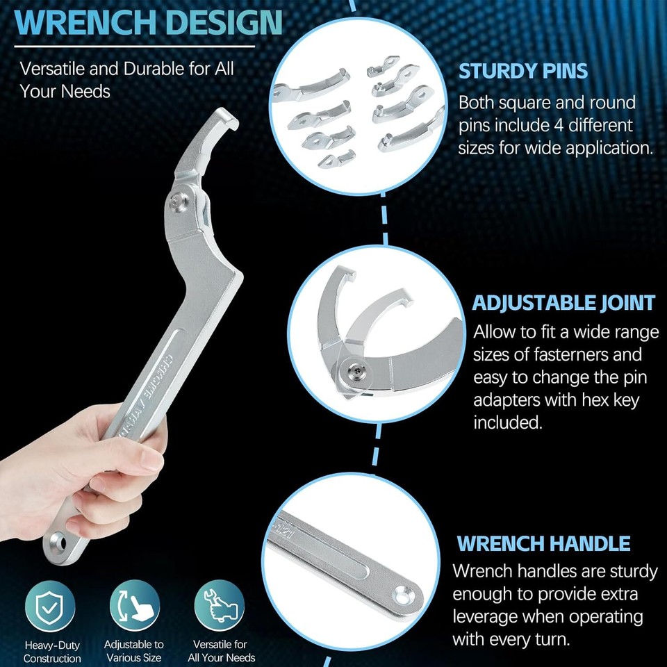 Adjustable C Pin Spanner Wrench Tool Set 8pcs w/Changeable Heads 3/4 ...