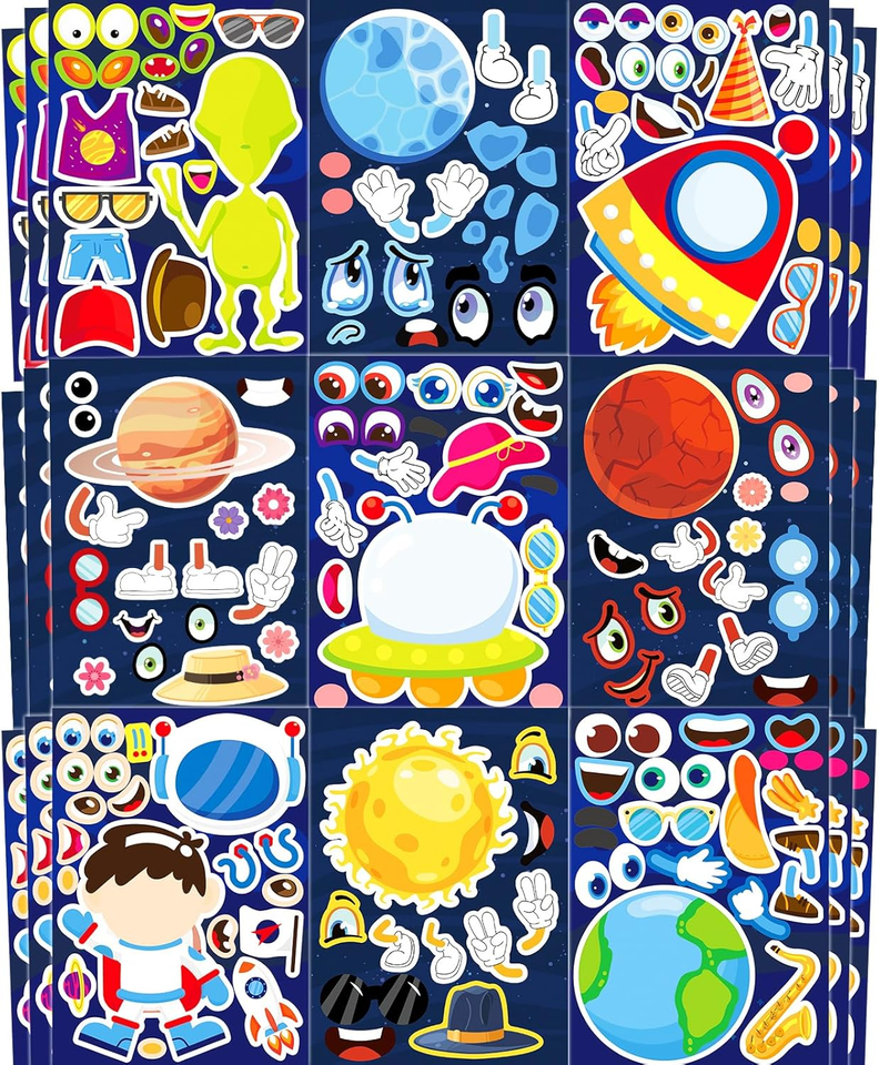 36 Pcs Outer Space Make-A-Face Sticker Sheets | Mix & Match Space Party ...