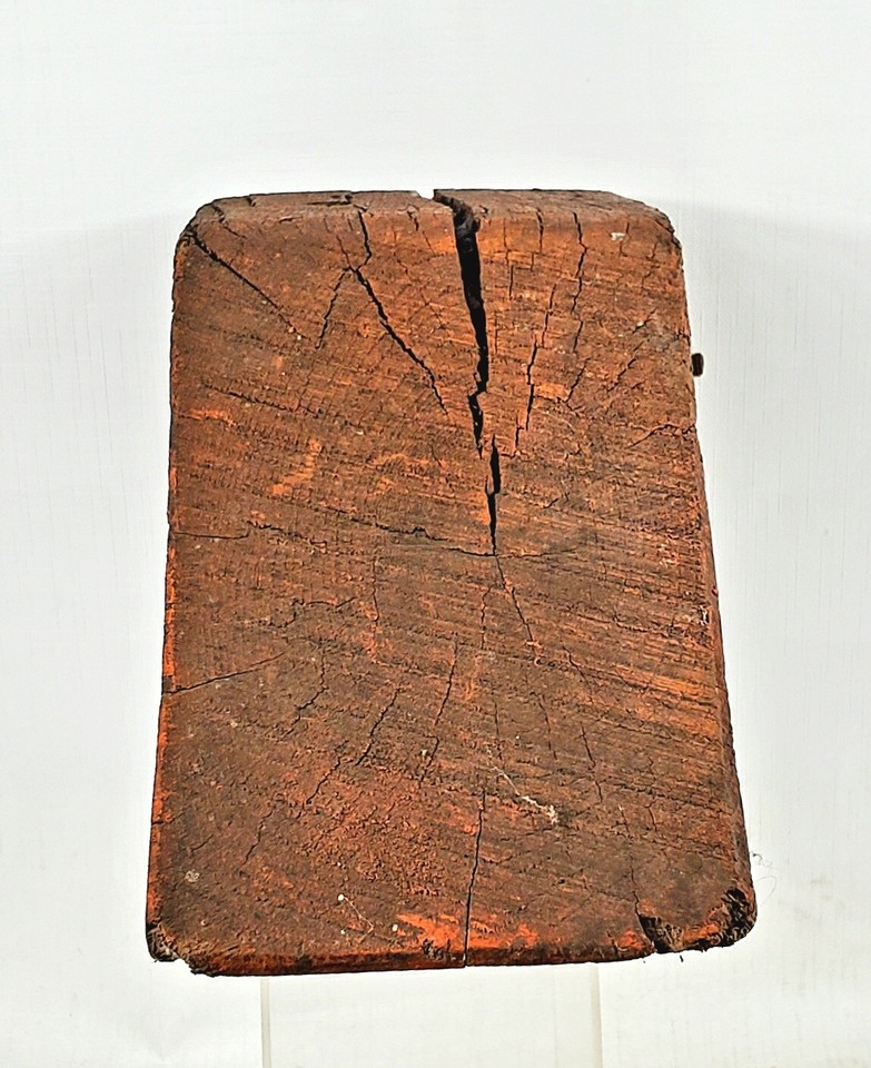 orange wooden wheel chock iron chain antique vtg old dry paint car ...