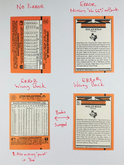 NOLAN RYAN - 1990 Donruss RARE 4-ERROR Collection–Wrong Back +3 ERRORS ...