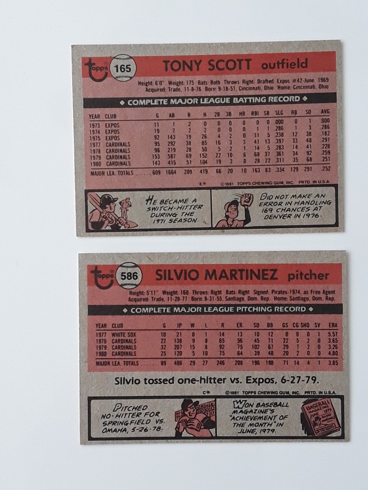 1981 Topps St. Louis Cardinals Baseball Cards. 4 Card Lot. Martinez ...