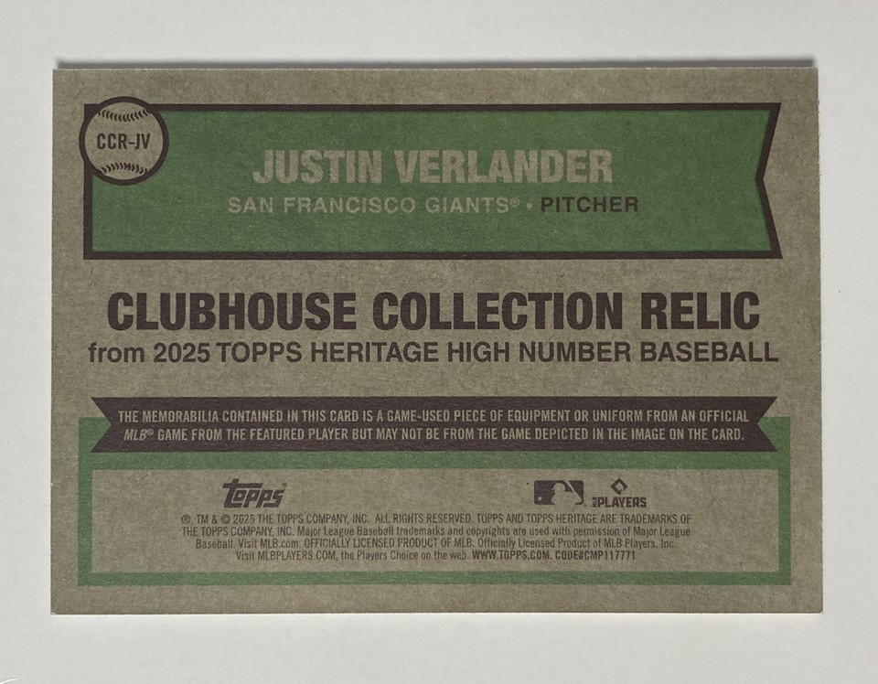 2025 Topps Heritage High Number CLUBHOUSE COLLECTION JERSEY JUSTIN ...