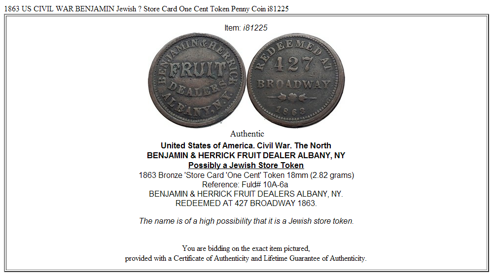 1863 US CIVIL WAR BENJAMIN Jewish ? Store Card One Cent Token Penny ...