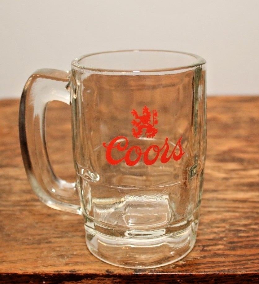Coors Heavy Clear Glass Beer Mugs 4 3/4" tall Lion Rampant logo red ...