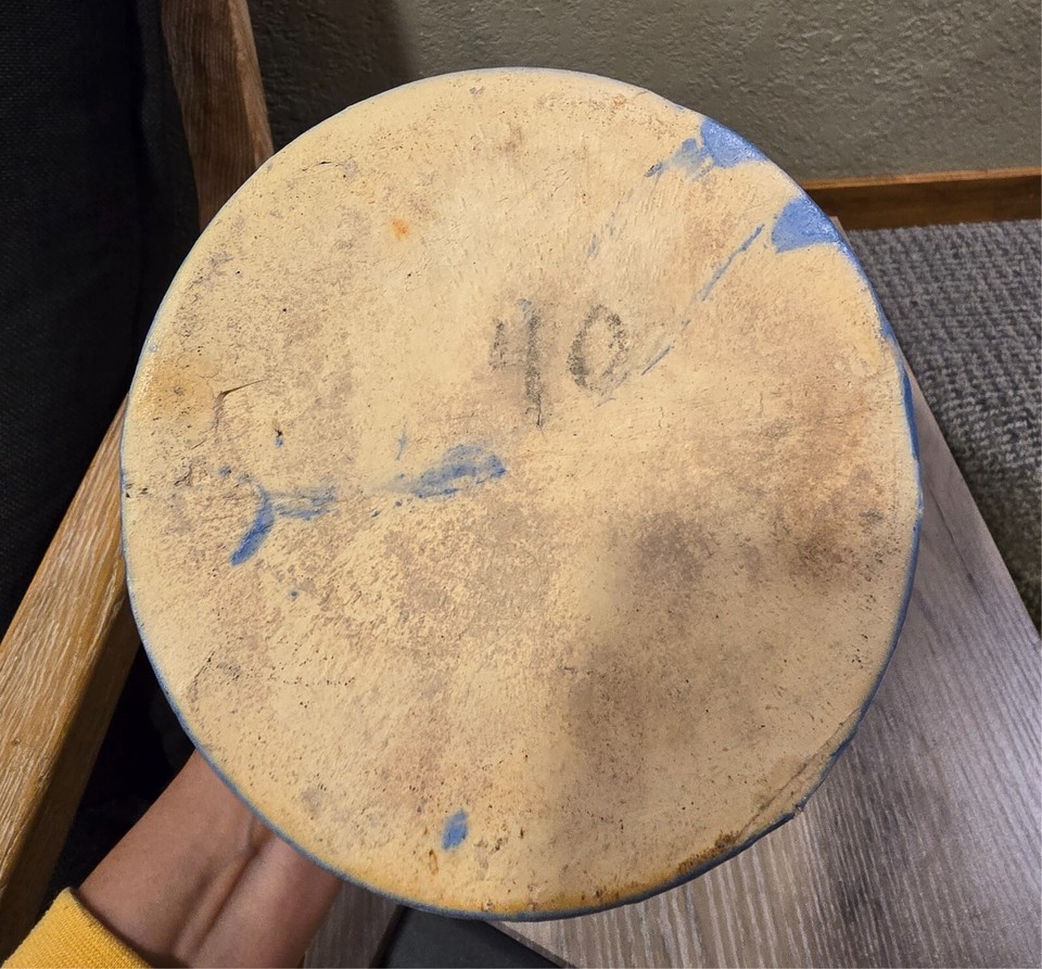 LARGE ANTIQUE RUCKELS POTTERY WHITE HALL STONEWARE BLUE SAWTOOTH ...