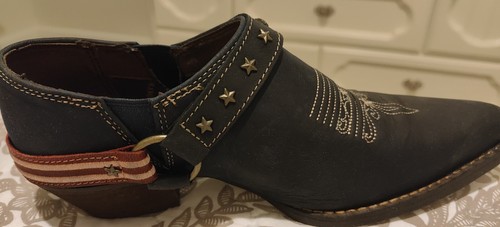 Durango Womans Ankle Boots, leather, metal stars, red/white strap w ...
