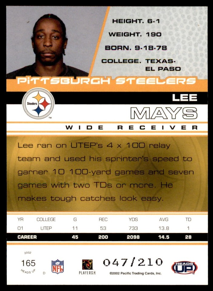 2002 Pacific Heads Up Blue Lee Mays Rookie /210 Steelers #165 | eBay