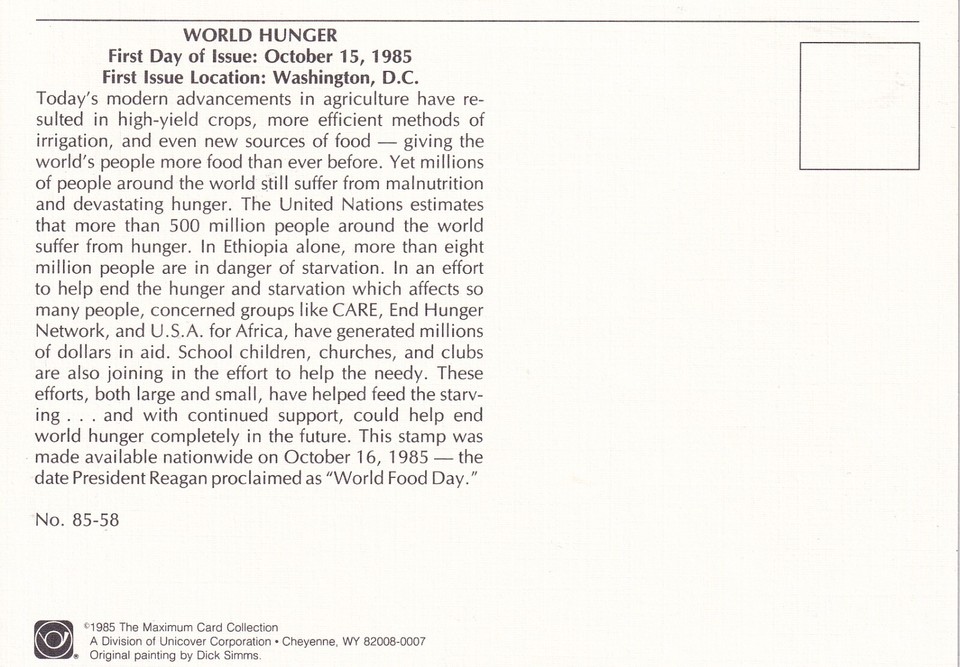 USA 1985 FDC ON MAXI CARD YOUTHS ELDERLY SUFFERING MALNUTRITION HELP ...