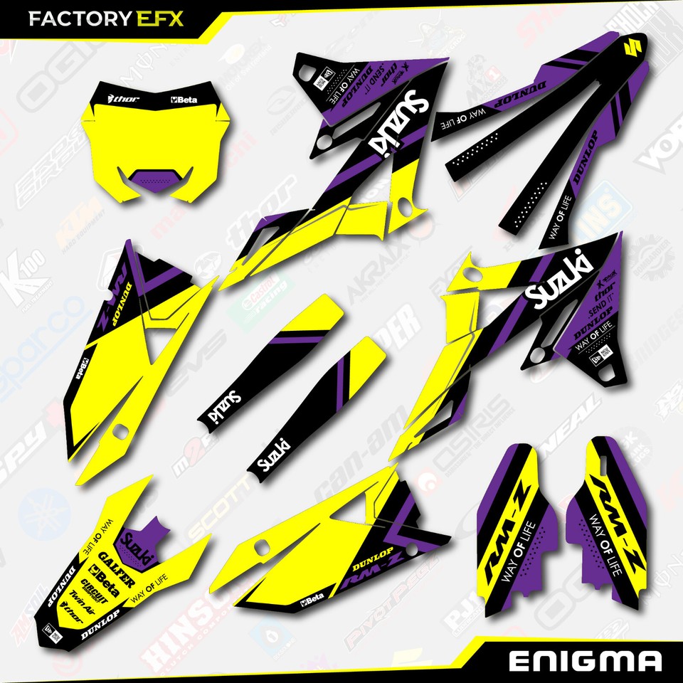 Yellow Purple Enigma Racing Graphics Kit fits 18-24 Suzuki RMZ450 Decal ...