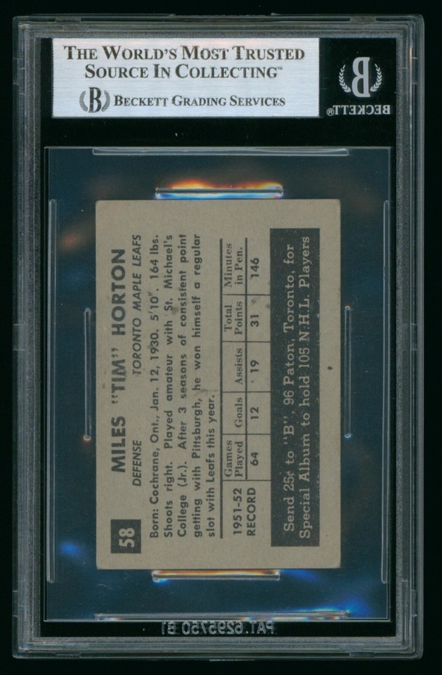 1952-53 PARKHURST #58 TIM HORTON ROOKIE CARD BGS 4.5 GOOD CENTERING ...
